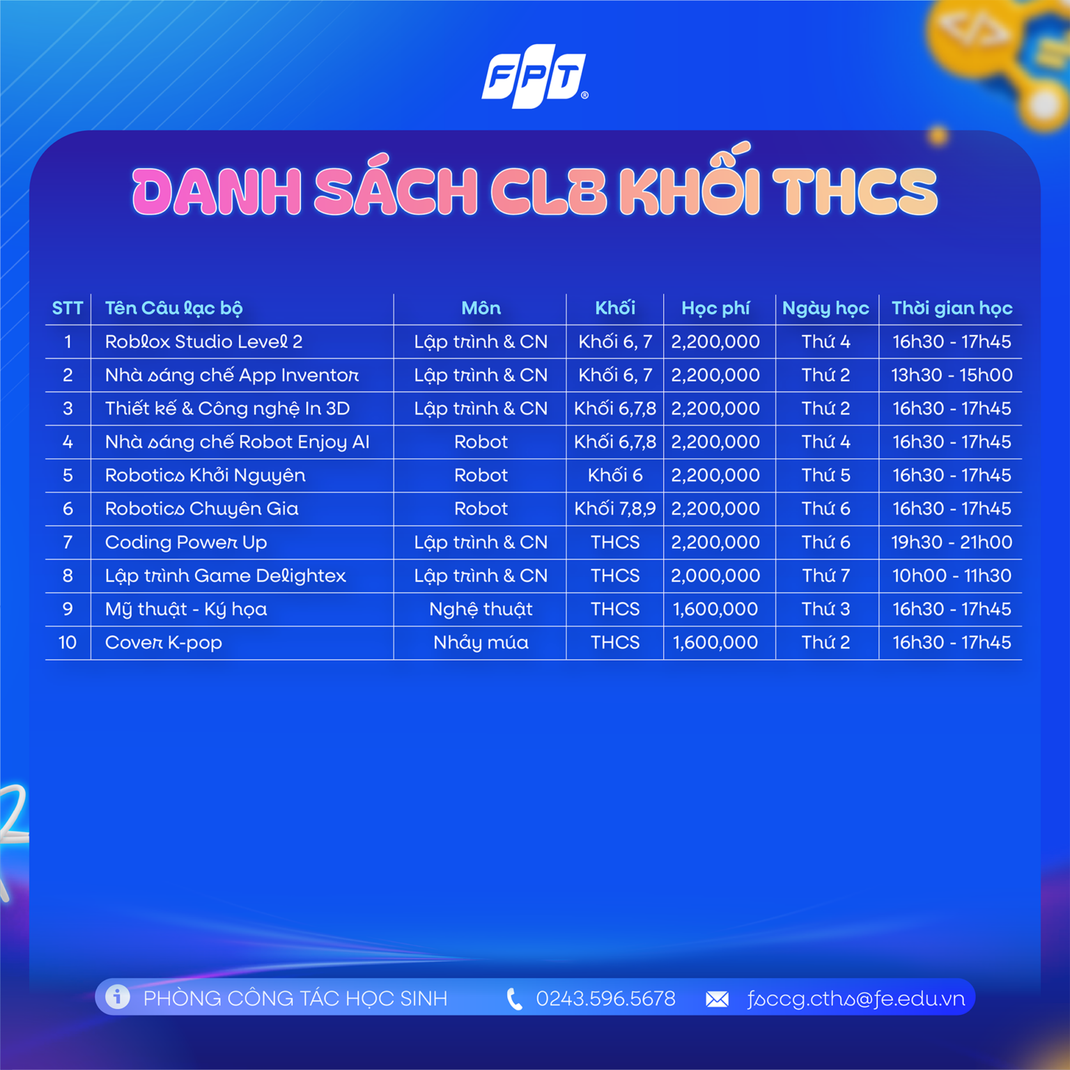 Gia hạn đăng ký CLB Học kỳ I năm học 2025-2026 – Trường Tiểu học & THCS FPT Cầu Giấy