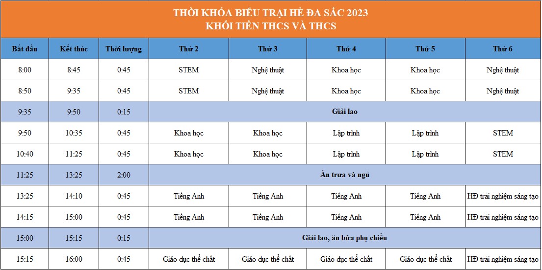 Thời khóa biểu Trại hè Đa sắc 2023 các khối – Trường Tiểu học & THCS ...