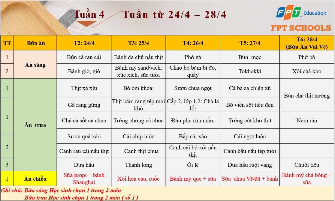 THỰC ĐƠN THÁNG 4/2023 KHỐI THCS – Trường Tiểu học & THCS FPT Cầu Giấy